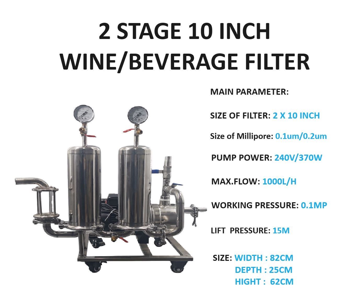 Full Stainless steel 2-Stage / 10 Inch Millipore Beverage Filter for Wine/Beverage - Brewers Choice