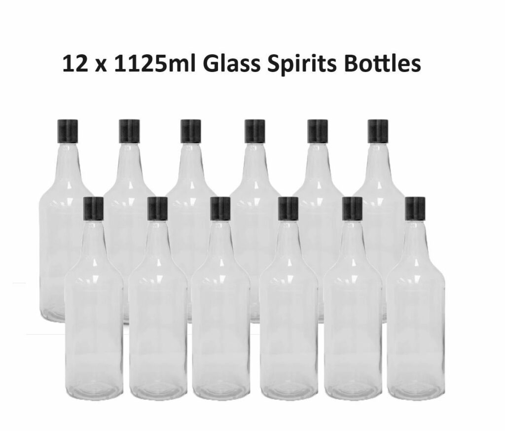 12x1125ML Clear Glass Spirits Bottles with Plastic caps - Brewers Choice